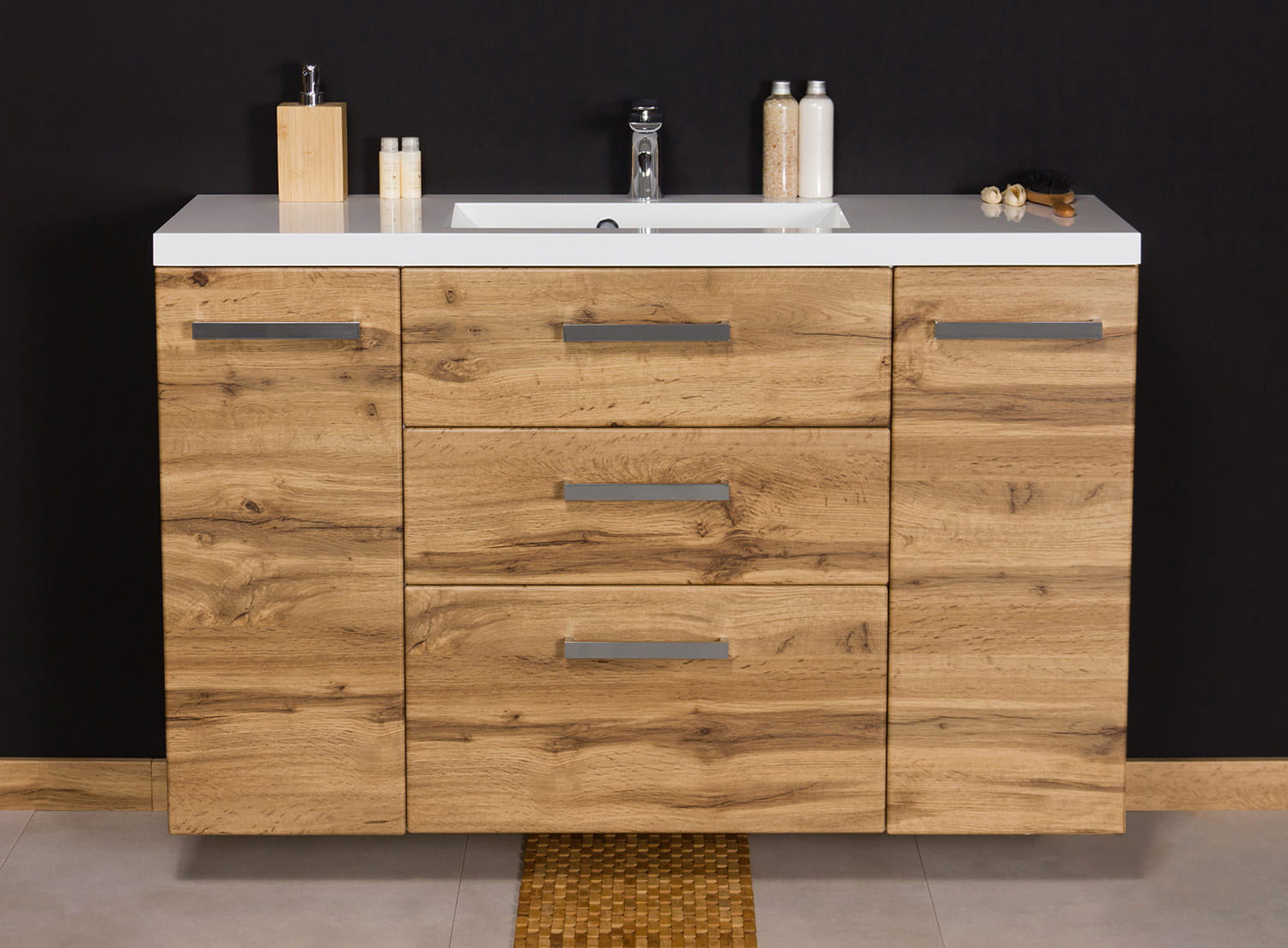 Quentis Badmöbel Genua 120 - XL, 3 Schubladen, Eiche Natur, montiert ...